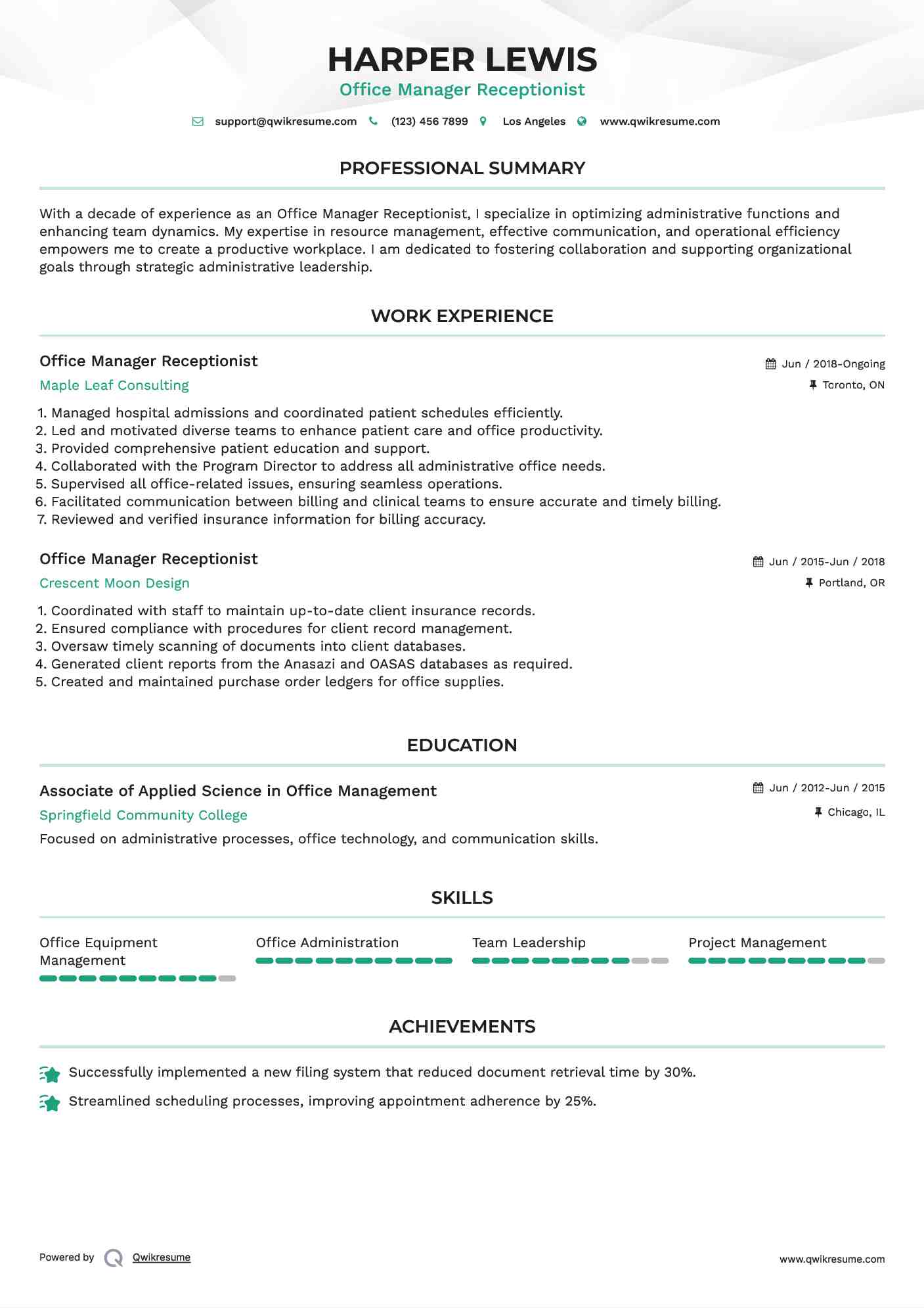 Office Manager Receptionist Resume Samples | Qwikresume
