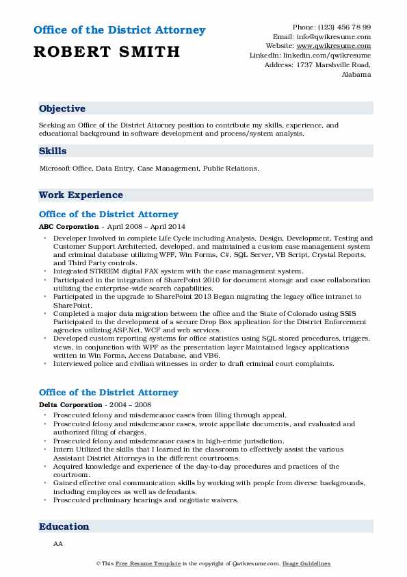 Office of the District Attorney Resume Samples | QwikResume