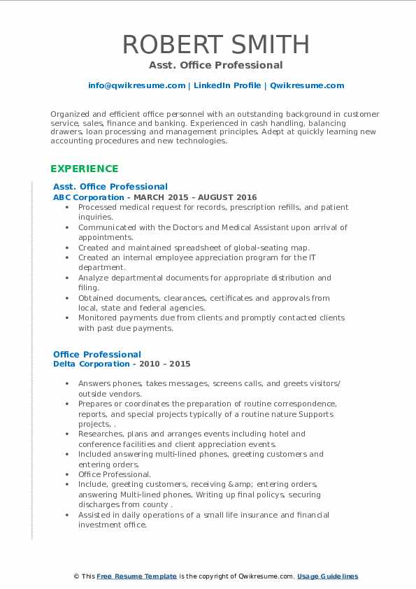 Office Professional Resume Samples | QwikResume
