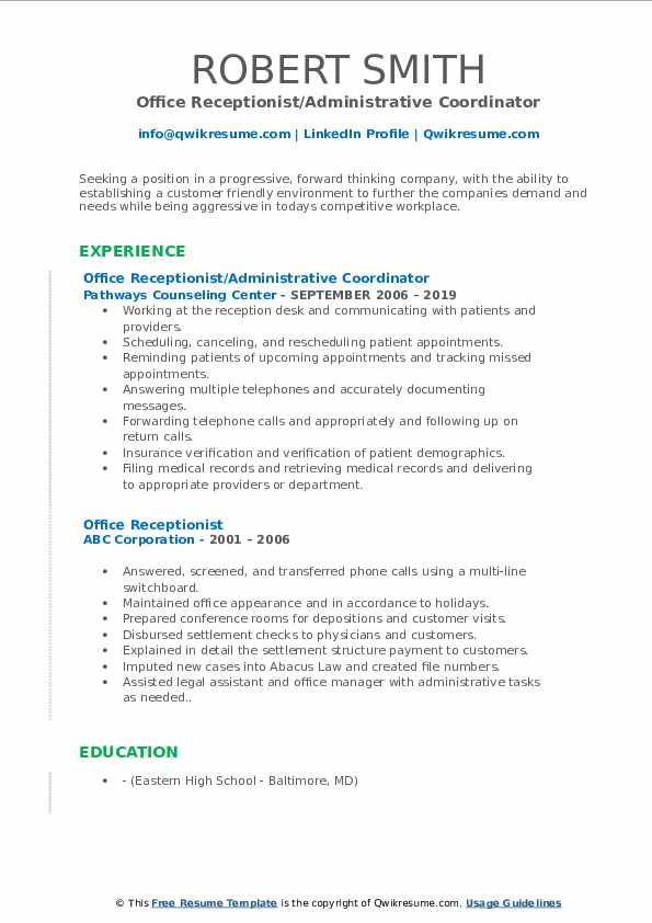 Office Receptionist Resume Samples | Qwikresume