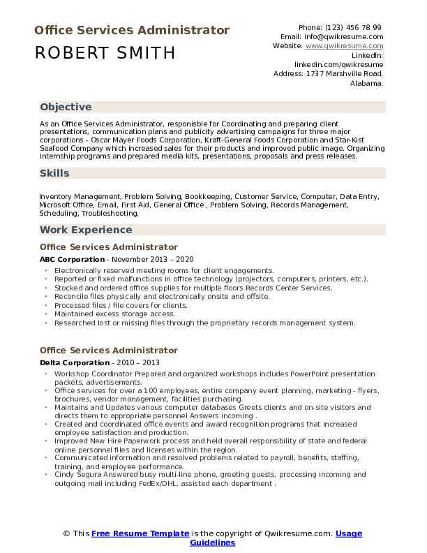 Office Services Administrator Resume Samples | QwikResume