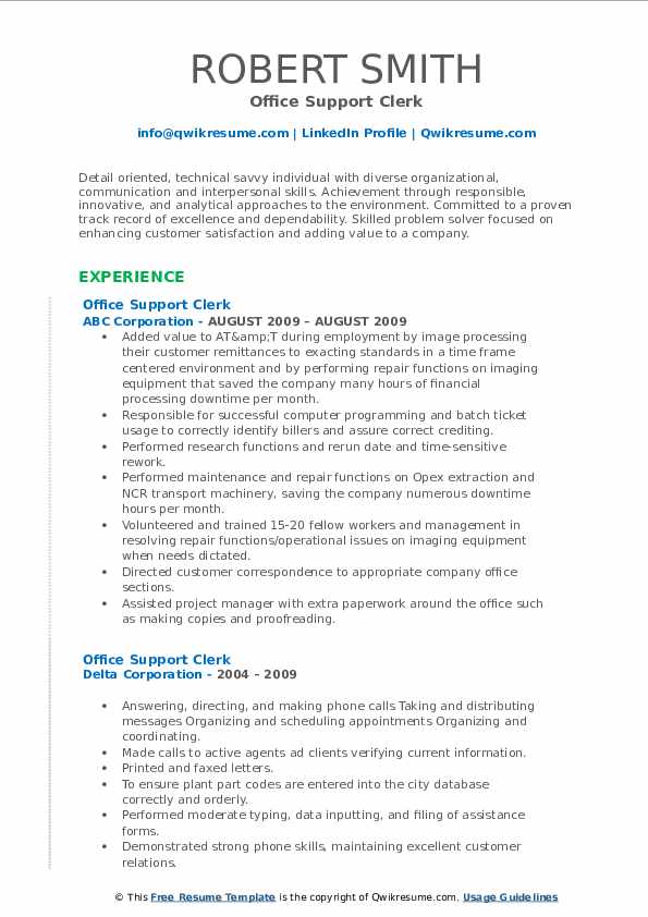 Office Support Clerk Resume Samples | QwikResume