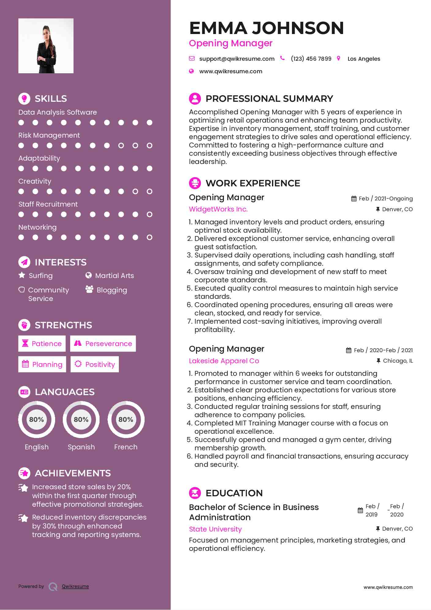 Opening Manager Resume Samples QwikResume