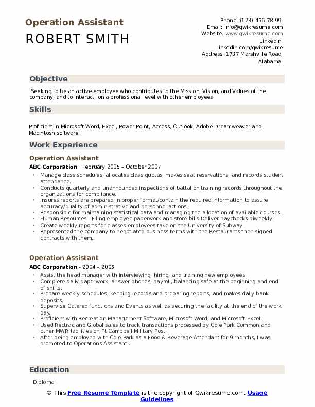 Operation Assistant Resume Samples QwikResume