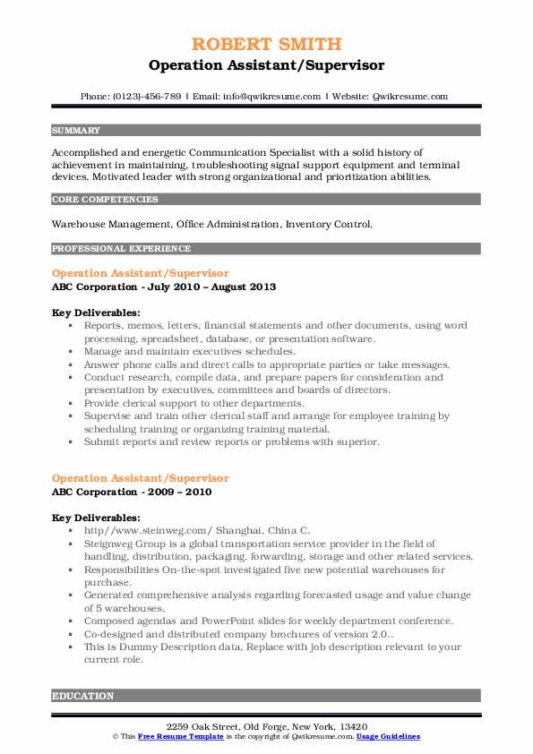 Operation Assistant Resume Samples | QwikResume