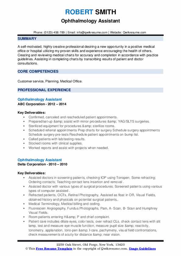 Ophthalmology Assistant Resume Samples | QwikResume
