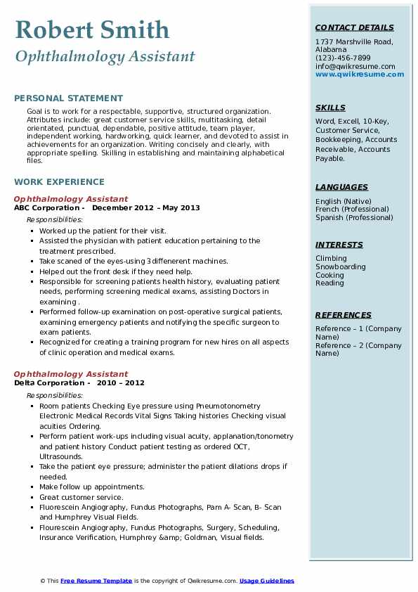 Ophthalmology Assistant Resume Samples | QwikResume