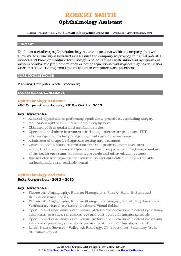 Ophthalmology Assistant Resume Samples | QwikResume