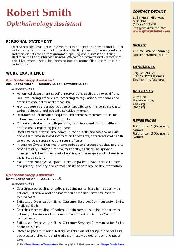 Ophthalmology Assistant Resume Samples | QwikResume
