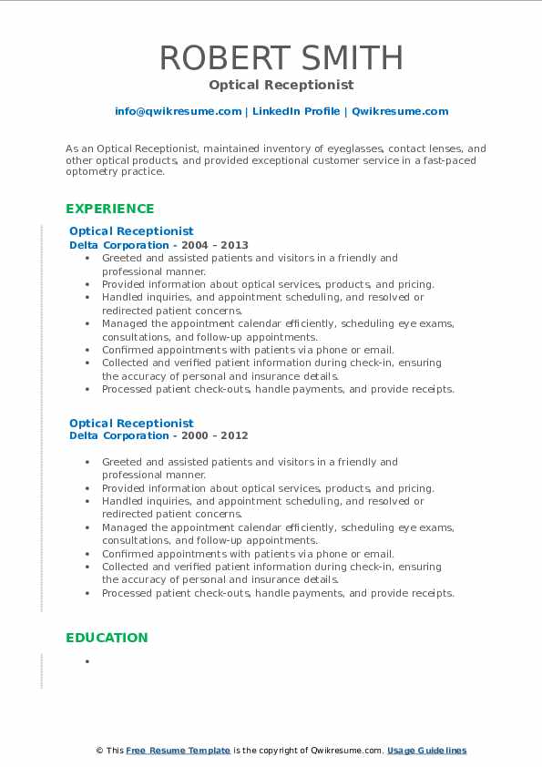 Optical Receptionist Resume Samples | Qwikresume