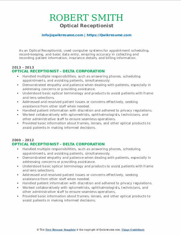 Optical Receptionist Resume Samples | Qwikresume