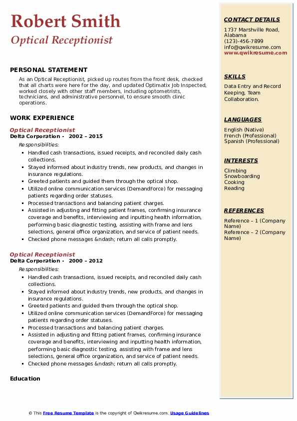 Optical Receptionist Resume Samples | Qwikresume