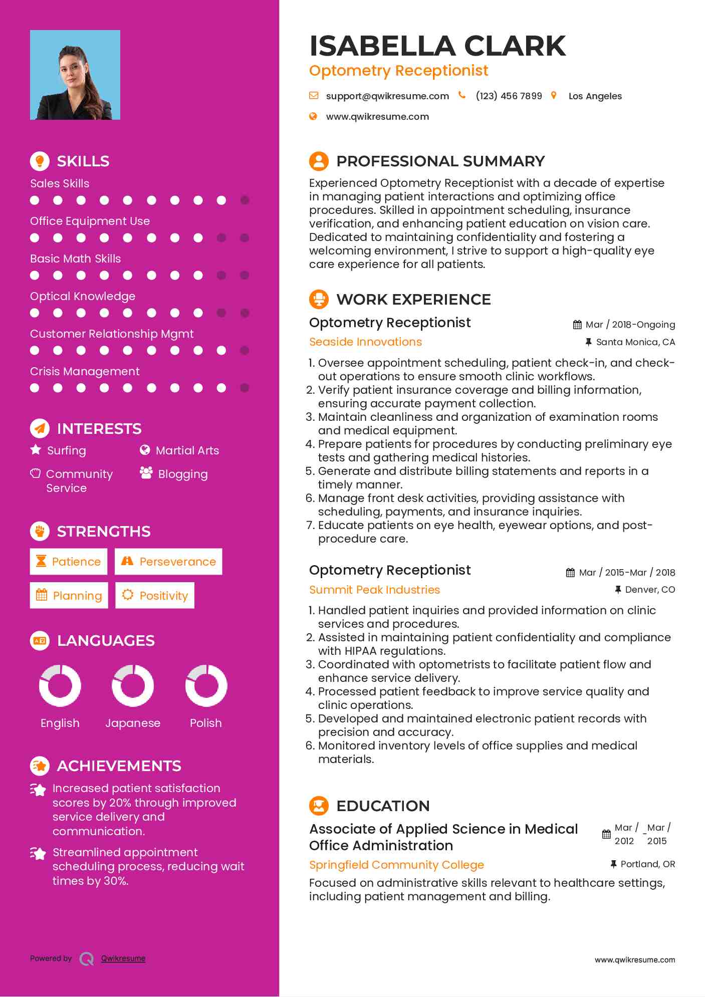 10+ Optometry Receptionist Resume Samples & Templates For 2025