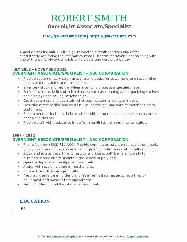 Overnight Associate Resume Samples | QwikResume