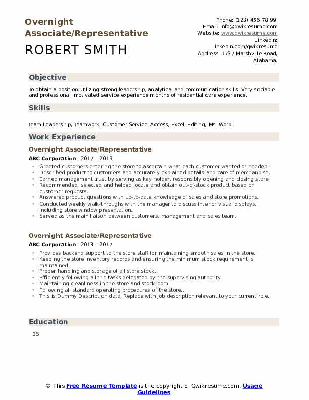 Overnight Associate Resume Samples | QwikResume