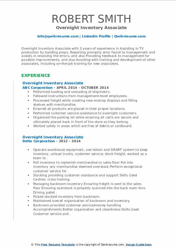 Overnight Inventory Associate Resume Samples | QwikResume