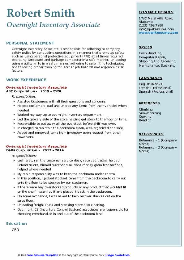 Overnight Inventory Associate Resume Samples | QwikResume