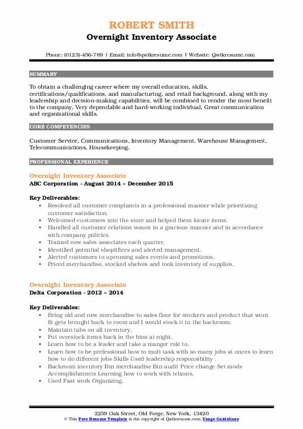 Overnight Inventory Associate Resume Samples | QwikResume
