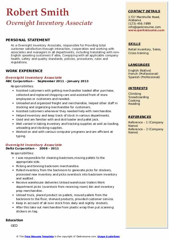 Overnight Inventory Associate Resume Samples | QwikResume