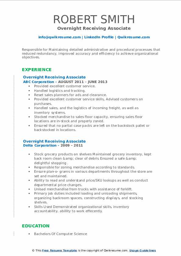 Overnight Receiving Associate Resume Samples | QwikResume