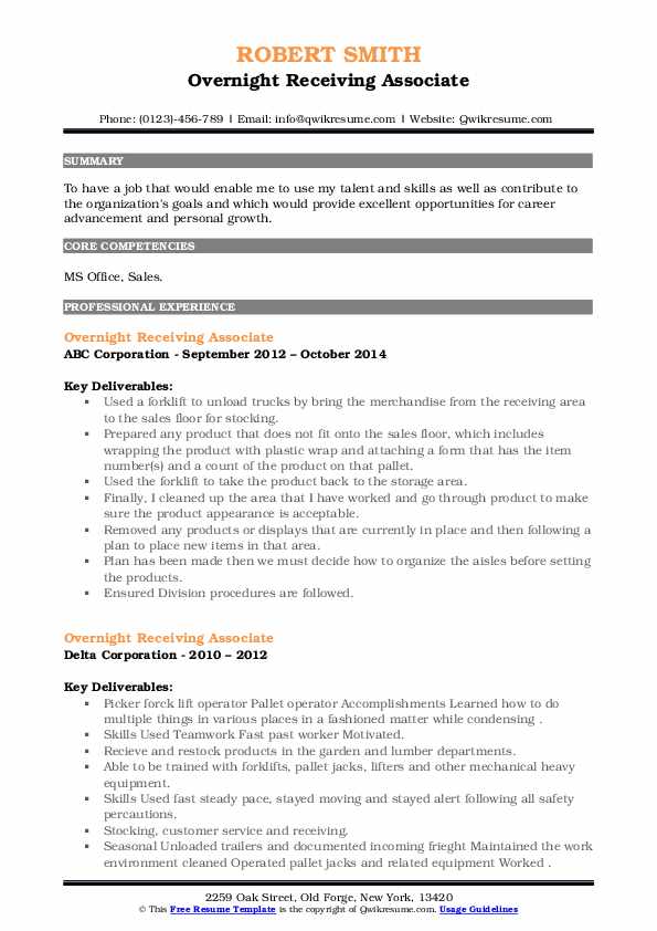 Overnight Receiving Associate Resume Samples | QwikResume