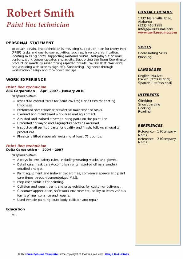 Paint line technician Resume Samples | QwikResume