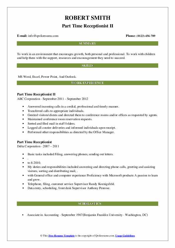 Part Time Receptionist Resume Samples QwikResume