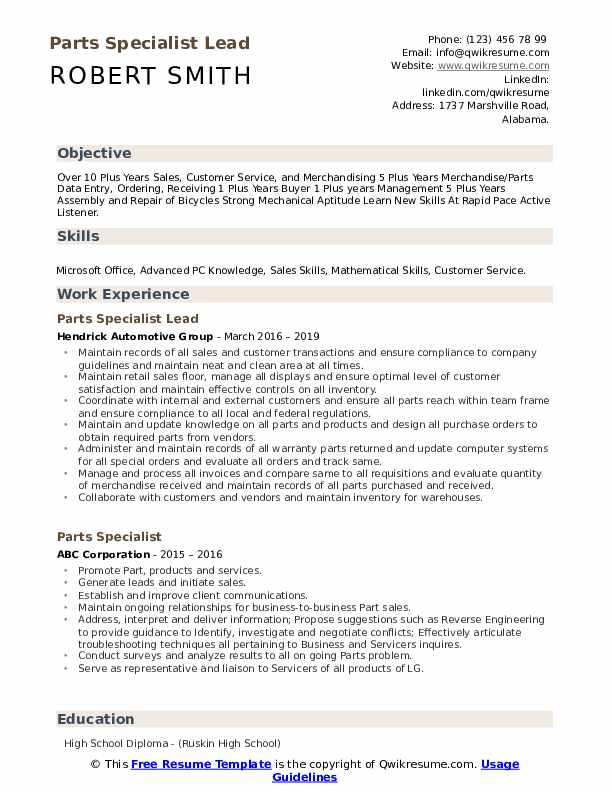 Parts Specialist Resume Samples | QwikResume
