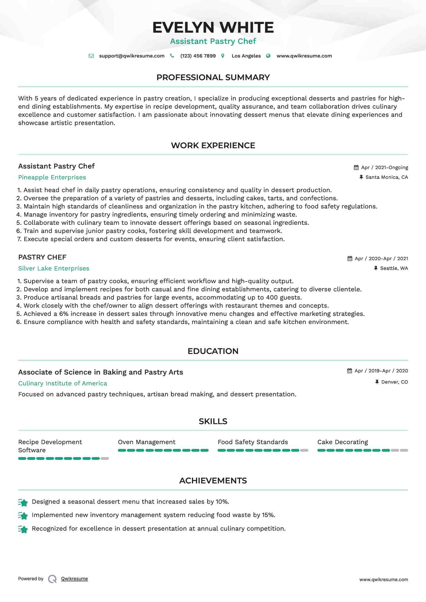 Pastry Chef Resume Samples QwikResume