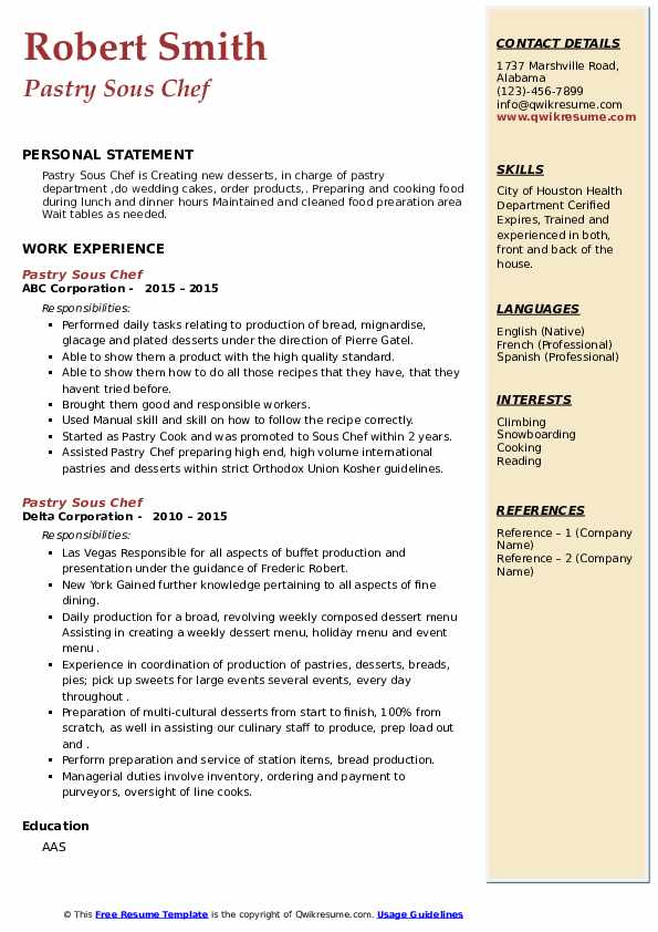 Pastry Sous Chef Resume Samples | QwikResume