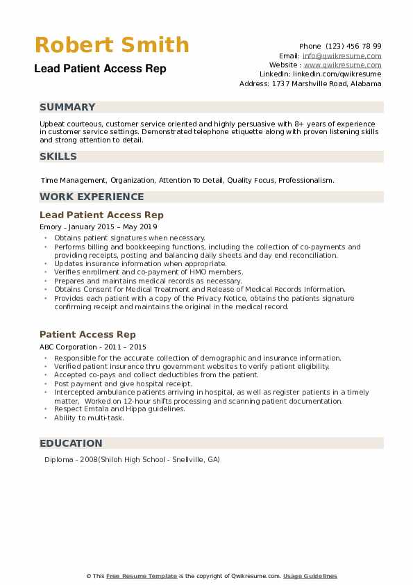 Patient Access Representative Resume