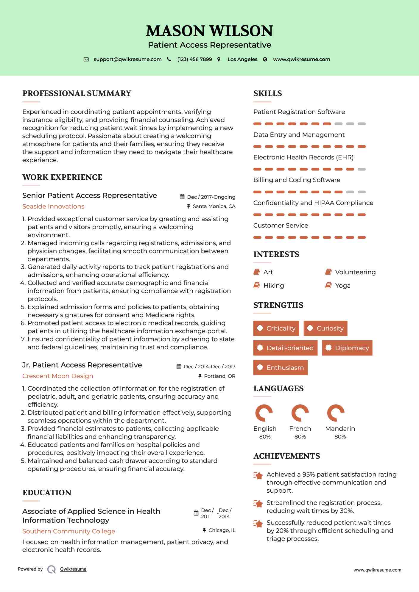Patient Access Representative Resume Samples QwikResume