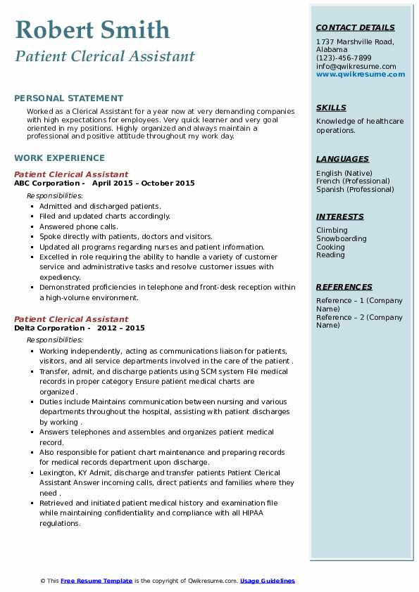 Patient Clerical Assistant Resume Samples | QwikResume