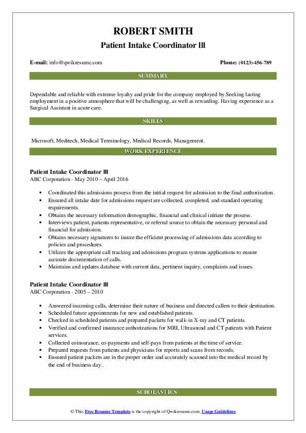 Patient Intake Coordinator Resume Samples | QwikResume