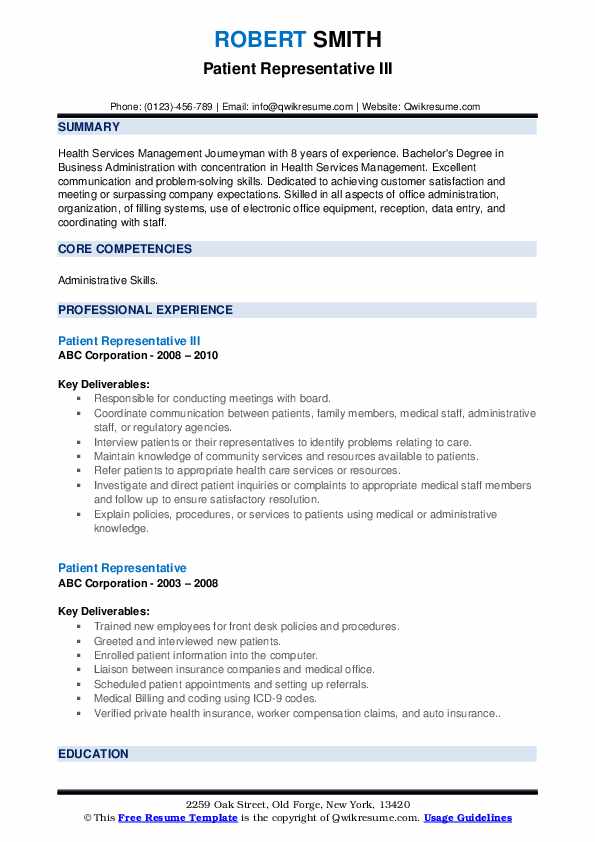Patient Representative Resume Sample