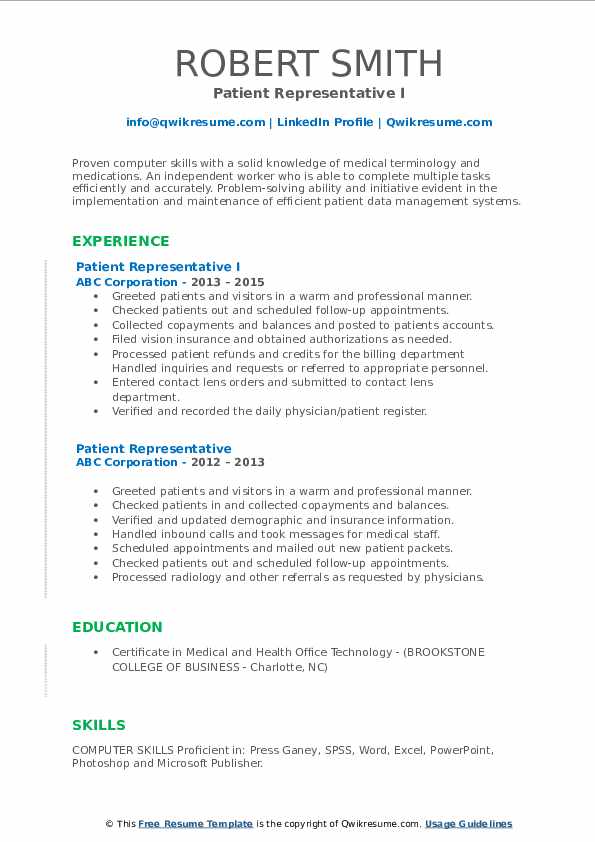 Patient Representative Resume Sample