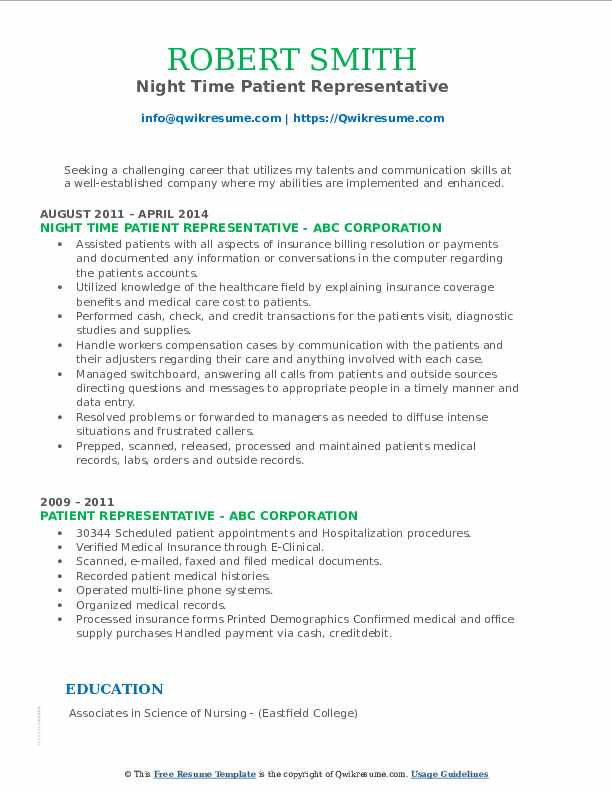Patient Representative Resume Sample