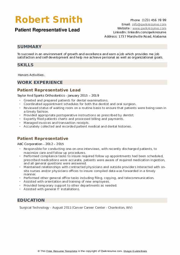 Patient Representative Resume Samples Qwikresume