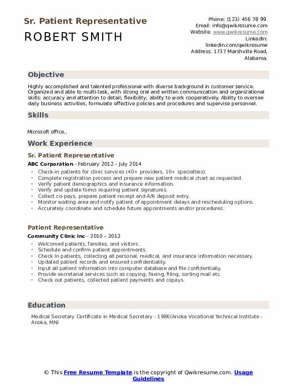 Patient Representative Resume Sample