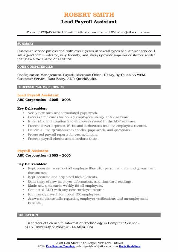 Payroll Assistant Resume Samples | QwikResume
