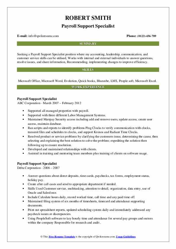 Payroll Support Specialist Resume Samples | QwikResume