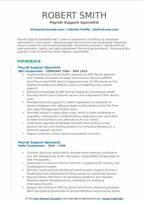 Payroll Support Specialist Resume Samples | QwikResume