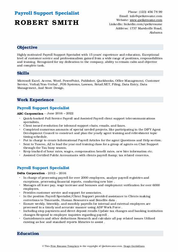 Payroll Support Specialist Resume Samples | QwikResume
