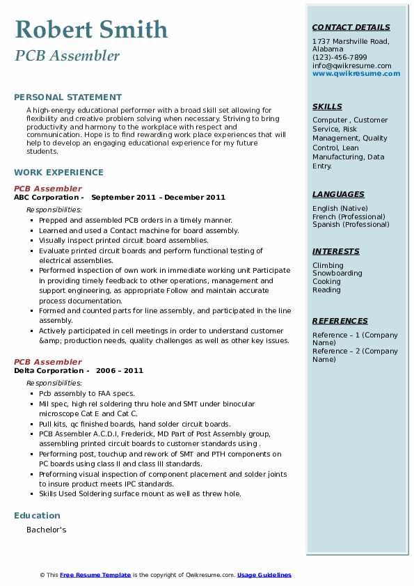 PCB Assembler Resume Samples | QwikResume
