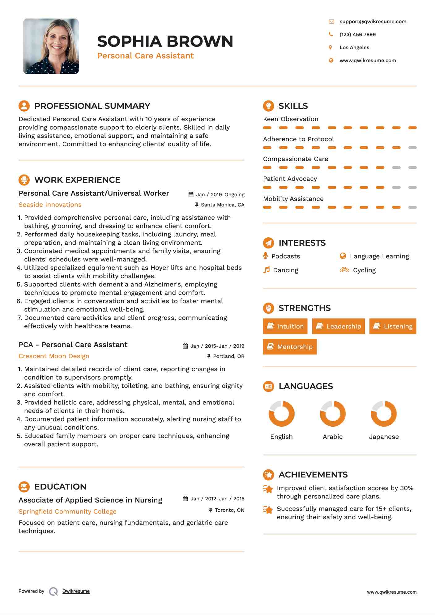 Personal Care Assistant Resume Samples QwikResume