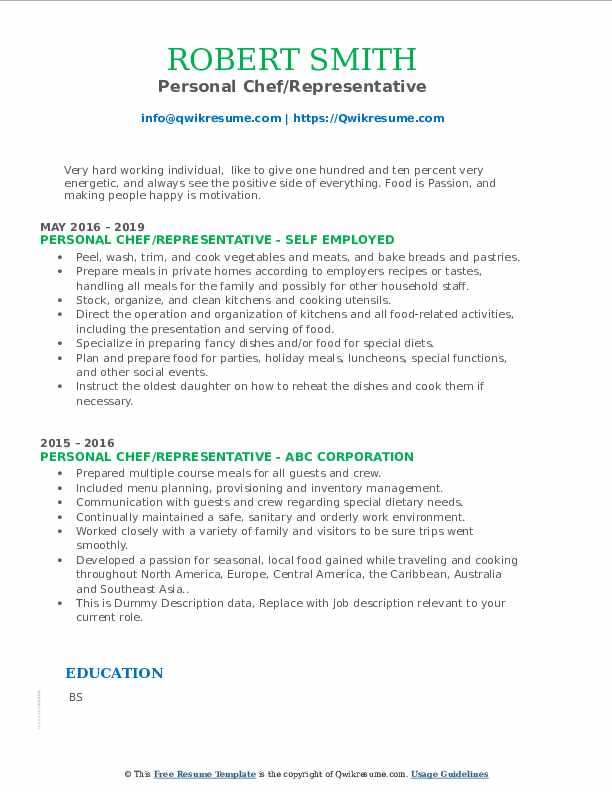Personal Chef Resume Samples | QwikResume