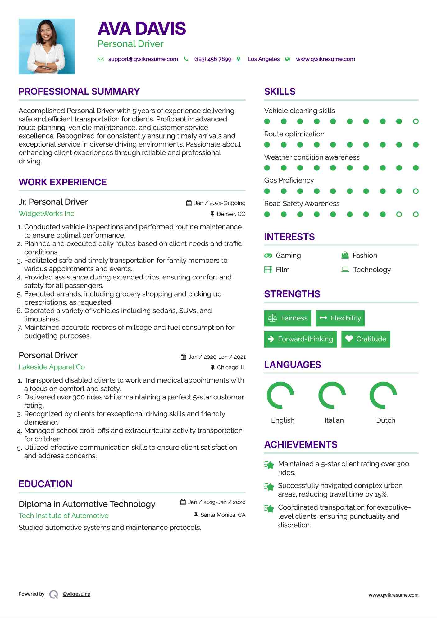 Personal Driver Resume Samples QwikResume