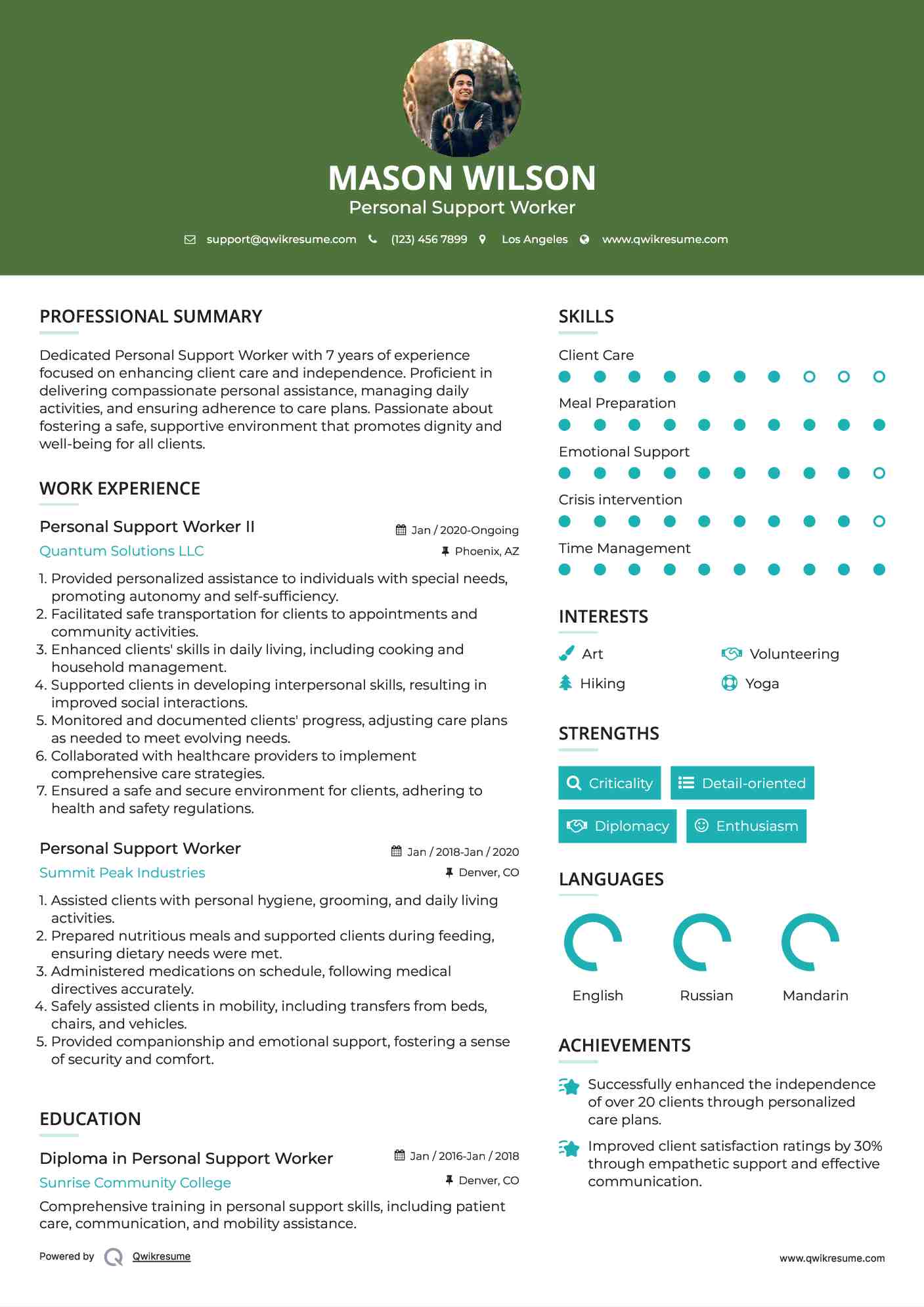 Personal Support Worker Resume Samples QwikResume