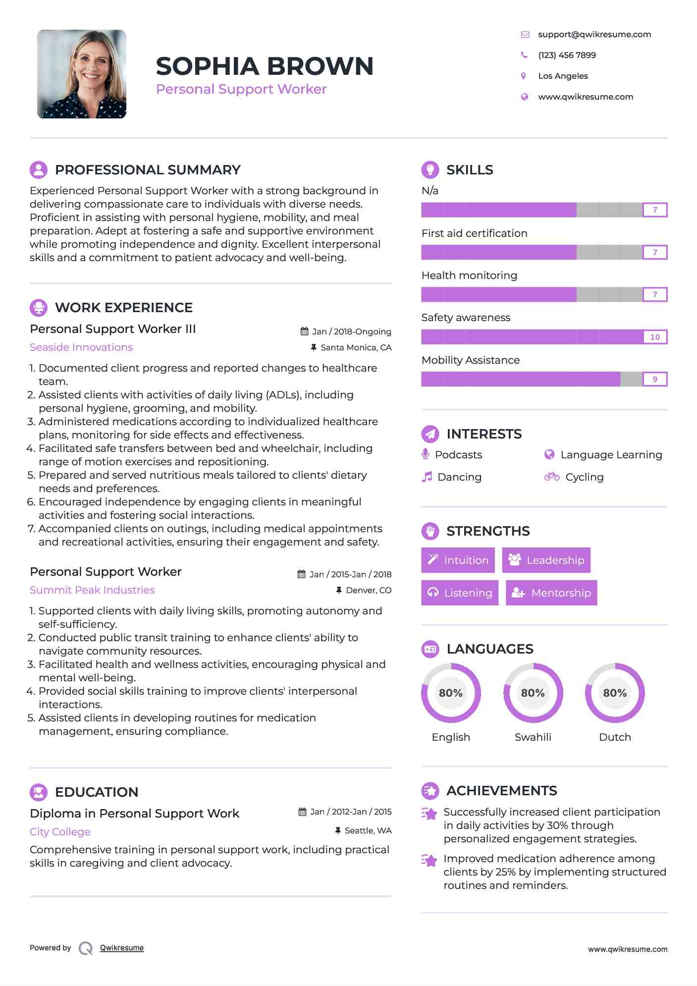 Personal Support Worker Resume Samples QwikResume