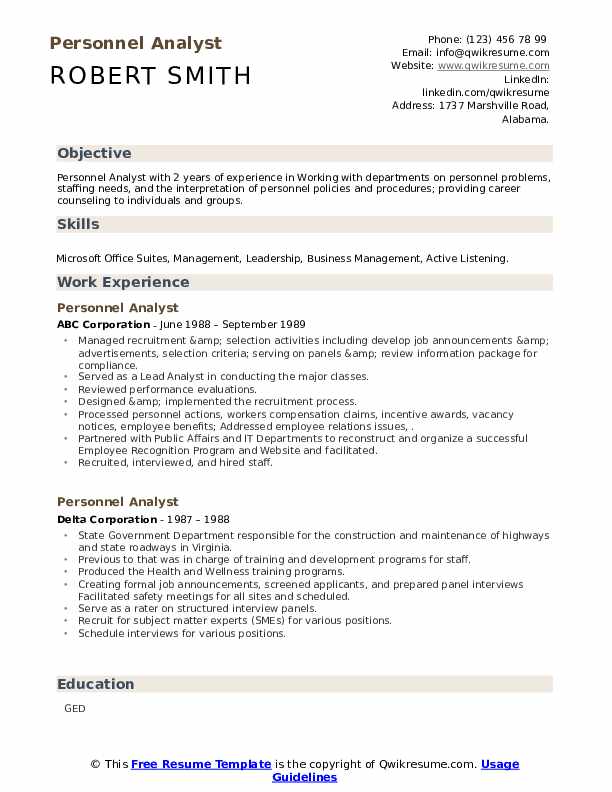 Personnel Analyst Sample Resume
